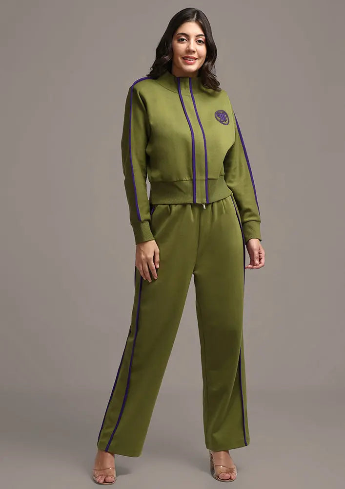Olive Green Colorblock Jacket with Straight Leg Pants Set - IKI CHIC