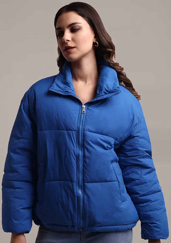 Women's Blue Puffer Jacket With Pockets – IKI CHIC