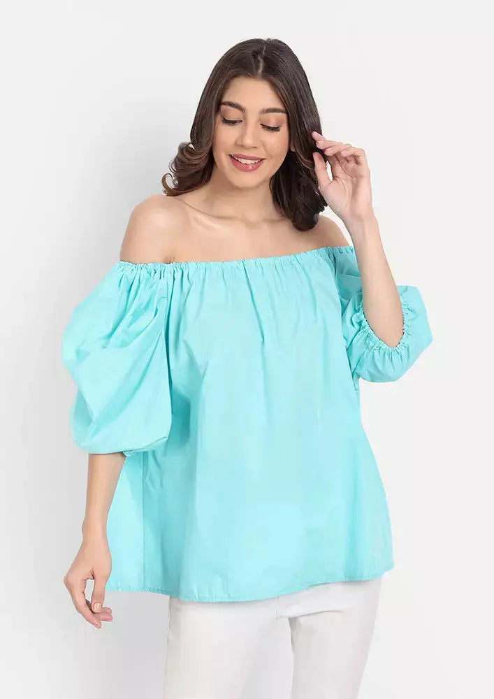 Turquoise Off Shoulder Balloon Sleeve Top - IKI CHIC